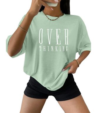 TOMWELL Damen Tshirt Kurzarm Sommer Oberteile Oversized T-Shirt mit Buchstaben Druck Lose Rundhals Sport Shirt Teenager M&auml;dchen Top Tunika Lang A Hellgr&uuml;n XXL