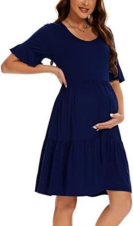 Smallshow Femme Robe Grossesse Manches Courtes Robe de Maternité Navy XXL