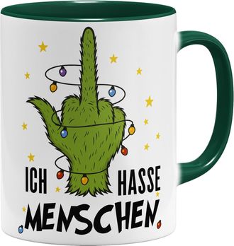 OM3 lustige Anti Weihnachten Kaffee-Tasse mit Spruch - Ich hasse Menschen - Keramik Becher - 325ml - Beidseitig Bedruckt - Gr&uuml;n