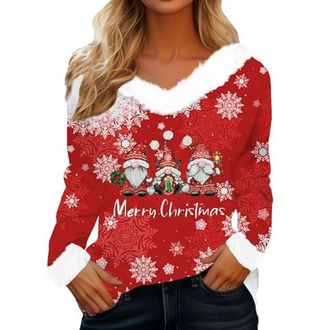 Generic Chemises de randonnée pour femme - Chemises de Noël pour femme - Automne et hiver - Col en peluche - Imprimé de Noël - Ample - Décontracté - T-shirt à