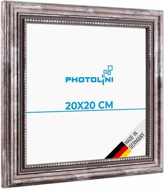 Photolini Barock-Bilderrahmen 20x20 cm in Silber antik, Holz-Rahmen Vintage, Made in Germany, Echtglas, zum Aufhängen, mit Zubehör - verleiht Deinen Fotos das b