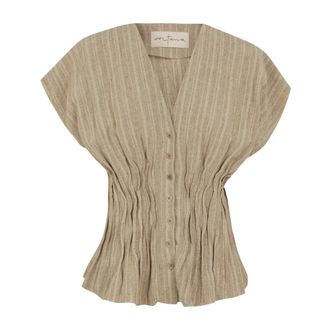 Cortana Femme, Blouses et Chemises, Gris, Taille: 40 FR Chemisier ajust&eacute; en lin &agrave; manches courtes