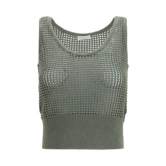 Brunello Cucinelli Open-Knit Cotton with Sequins Tank Top - Green
