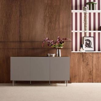 Sweeek Buffet m&eacute;tal et d&eacute;cor bois 3 portes 150cm gris et noyer - Ashton