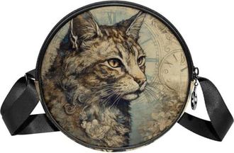 Generic Sac &agrave; bandouli&egrave;re rond pour femme, motif chat vintage, petit sac &agrave; bandouli&egrave;re avec fermeture &eacute;clair, bretelles r&eacute;glables, sac &agrave; main rond d&eacute;contract&eacute;
