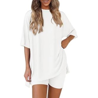 Generic Simtplicity Costume d&eacute;contract&eacute; de couleur unie avec haut et short fendus pour femme, ensemble d&eacute;t&eacute; d&eacute;contract&eacute;, blanc, 3XL