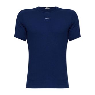Versace Geripptes T-Shirt aus Baumwolljersey mit gesticktem Logo - - Tops - Herren - Blau - M