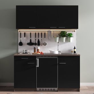 Respekta home24 Single-Küchenzeile Oliver I 150cm Schwarz/Schwarz/Eiche Dunkel Dekor Kochplatte