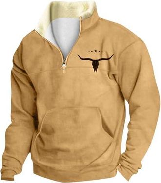 Generico Sweat-shirt Homme Sans Capuche Imprim&eacute; Cornes Doublure Polaire D&eacute;contract&eacute; Tricot &Agrave; Manches Longues R&eacute;tro Moy&eacute;val Confortable Streetwear Party Top Hom