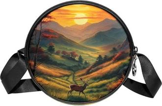 Generic Sac &agrave; bandouli&egrave;re Circle pour femme, petit sac &agrave; bandouli&egrave;re Art Mountain Deer avec fermeture &eacute;clair, bretelles r&eacute;glables, sac &agrave; main rond d&eacute;contract&eacute;