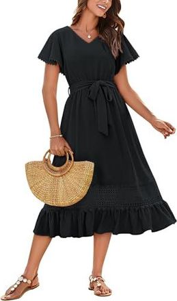 Grace Karin Robe d&eacute;t&eacute; &eacute;l&eacute;gante pour femme - Col en V - Volants - Manches courtes - Ligne A - Robe midi, Noir, XL