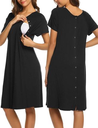 Ekouaer Damen Kurzumstandskleid Rundhalsausschnitt-Pflege nightgowndas stillen nachtnachtw&auml;sche S Schwarz