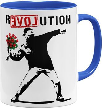 OM3 Love Revolution Banksy Kaffee-Tasse Statement - Keramik Becher - 11oz 325ml - Beidseitig Bedruckt - Blau