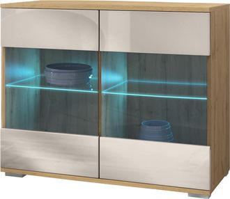 Vladon Kommode Bari V3, Moderner K&uuml;chenschrank mit 2 gro&szlig;en Glast&uuml;ren inkl. RGB Beleuchtung Eiche Evoke/Sandgrau Hochglanz (92,5 x 75.5 x 35)