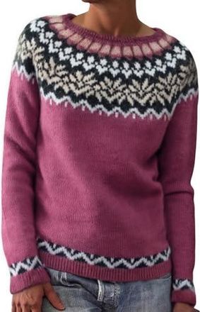 Generic Pull pour femme - Imprim&eacute; vintage - Col rond - Pull surdimensionn&eacute; en tricot &agrave; manches longues - Pull habill&eacute; tendance &agrave; rayures - Confortable - Doux 