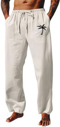 Generic Pantalon d&eacute;t&eacute; en lin respirant pour homme - Pantalon de plage blanc - Coupe ajust&eacute;e - Taille &eacute;lastique - Pantalon de jogging pour homme - Pantalon de 