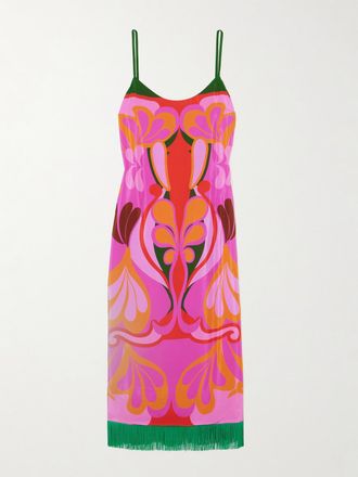 Borgo De Nor Thalai Midikleid Aus Bedrucktem Satin Mit Fransen - Orange