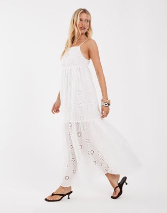 Object Robe longue en broderie anglaise &agrave; d&eacute;coupes - Blanc