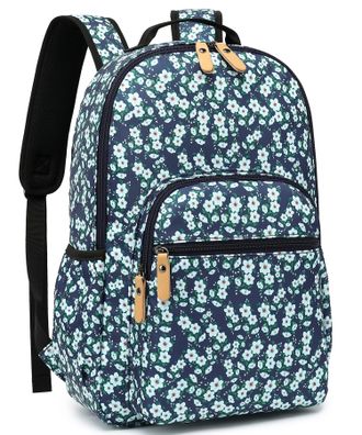 Leaper Wasserabweisender Schulrucksack mit Blumenmuster, Reisetasche, B&uuml;chertasche, Damentasche, Dunkelblau-wei&szlig;e Blume 2, 42