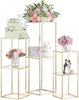 Nuptio Support Fleur Centre de Mariage: 3 Pi&egrave;ces 60 & 80 & 100cm Haut avec Panneau Acrylique &agrave; 2 Couches Or Vase G&eacute;om&eacute;triques Colonnes Metal pour Mariage D&eacute;c