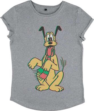 Disney Damen Mickey Classic - Pluto Holiday Colors Womens Organic Rolled Sleeve T-Shirt T-Shirt, Melange Grey, L