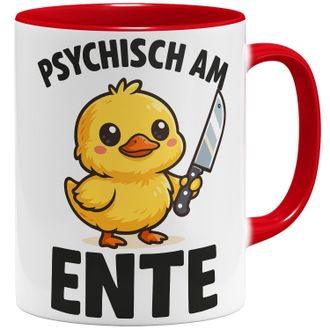 OM3 Psychisch am Ente Kaffee-Tasse mit Spruch - Spruchtasse Fun Motiv - Schwarzem Humor - Keramik Becher - 325ml - Beidseitig Bedruckt - Rot