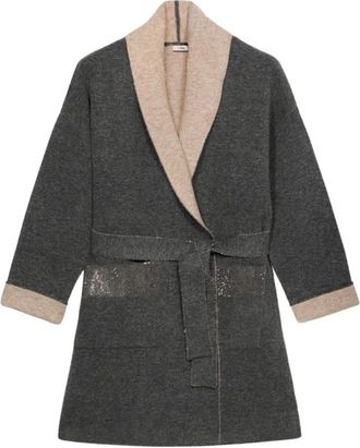 Oltre Femme, Pulls, Gris, Taille: 42/44 FR Cardigan crois&eacute; avec ceinture et d&eacute;tails brillants