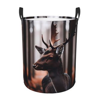 Generic Hirsch Wildtier Korb W&auml;sche Rund Aufbewahrungskorb Mit Henkel W&auml;schebeh&auml;lter F&uuml;r W&auml;schekammer Schlafzimmer Spielzeug