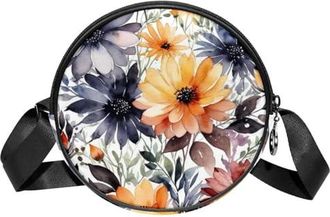 Generic Petit sac &agrave; bandouli&egrave;re circulaire pour femme, motif feuilles florales, sac &agrave; dos avec fermeture &eacute;clair, bretelles r&eacute;glables, sac &agrave; main rond d&eacute;contra