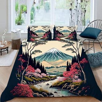 Generic Housse de Couette 200x200 Vue sur Le Mont Fuji Parure de Lit 2 Personnes Estampes Japonaises Ukiyo-E Imprim&eacute;e 3D Microfibre Literie Set 3 Pi&egrave;ces avec 