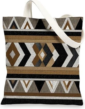 Generic Sacs fourre-tout en toile géométrique, sacs à provisions réutilisables à motif tribal élégant, moderne, chic, léger et lavable, marron, 13x15 Inch