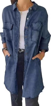 Generic Chemises longues en jean &agrave; manches longues pour femme - Veste en jean d&eacute;contract&eacute;e en coton - Tenue dautomne, noir fonc&eacute;, XXL