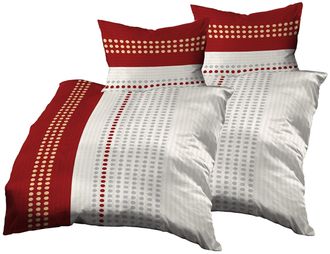 Gerald Wittmann 4teilig Bettwäsche-Set 2X 140x200 cm + 2X 70x90 cm, Baumwolle Seersucker, Gepunktet Streifen Rot Gelb Weiß