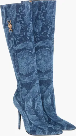Versace Kniehohe Stiefel aus Denim LA GRECA mit 11 cm Stilettoabsatz Versace