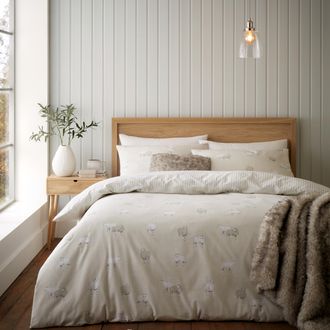 Catherine Lansfield Bettwäsche-Set für Doppelbett, gebürstete Baumwolle, Schaf, Natur