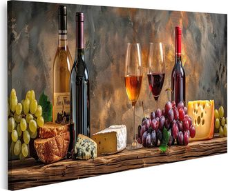 Islandburner Leinwandbild Wein K&auml;se Trauben Stillleben bei Kerzenlicht - Leinwand 100x57cm