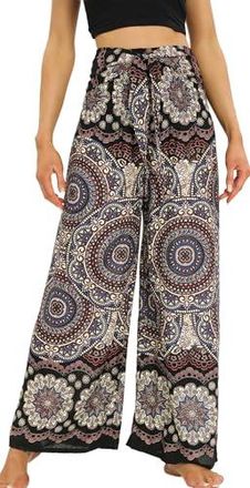 Feoya 2025 Pantalon Décontracté Jambe Bohème Femme Ete Pantalon Palazzo Chic Taille élastique Motif Hippie Maison