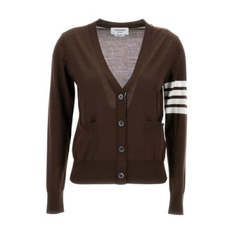 Thom Browne Femme, Pulls, Brun, Taille: 36 FR Cardigan Col V &agrave; 4-Barres en Laine M&eacute;rinos