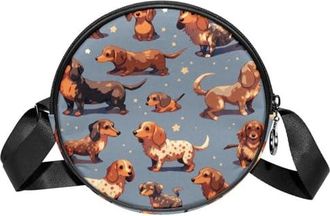 Generic Petit sac &agrave; bandouli&egrave;re circulaire pour femme, motif teckel avec fermeture &eacute;clair, bretelles r&eacute;glables, sac &agrave; main rond d&eacute;contract&eacute; pour femmes et fil