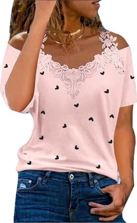 Minetom Tunika Tops Damen V-Ausschnitt Spitze Kurzarmshirt Sexy Kalte Schulter Longshirt Oberteile Blumen Druck Tunika Basic Shirts Freizeithemd Elegant Pullo