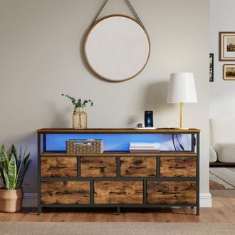 Songmics Meuble de Rangement avec LED R&eacute;glable et Multiprise, 7 Tiroirs en Tissu, Style Industriel, Chambre, Marron et Noir
