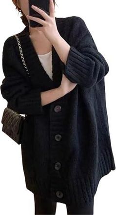 Generic Cardigan en tricot uni pour femme - Col en V - Simple boutonnage - &Eacute;l&eacute;gant et d&eacute;contract&eacute; - Pour lhiver, Noir/blanc, taille unique