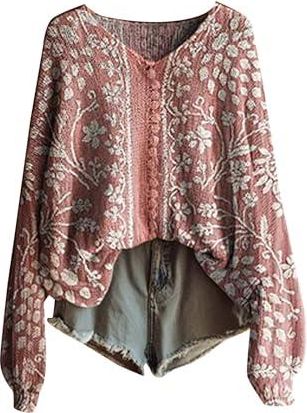 Generic 2025 Pull Femme Hiver Vintage Imprim&eacute; Floral Boh&egrave;me Pullover Tricot&eacute; Chic Col Rond Manche Longue Sweater Motif Jacquard Tunique Grande Taille Casual V