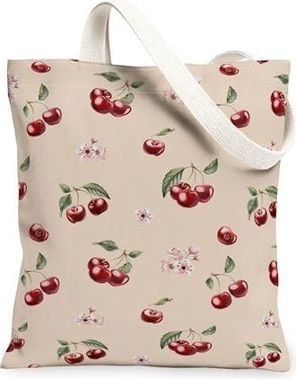Generic Sacs fourre-tout en toile motif cerises, motif floral, sacs d&eacute;picerie, sacs d&eacute;picerie r&eacute;utilisables, printemps vintage chic, l&eacute;gers et lavables, beige