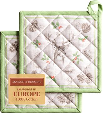 Maison d'Hermine Hot Pads Topfhalter aus 100% Baumwolle mit Schleife, hitzebeständiges Set mit 2 Topflappen zum Grillen, Mikrowelle, Christmas Dew - Erntedankfest/Weih