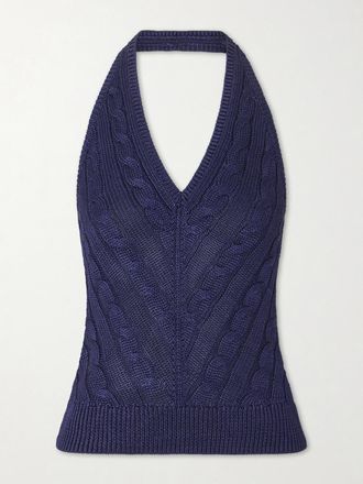 Ralph Lauren Collection Neckholder-oberteil Aus Seide In Zopfstrick - Blau