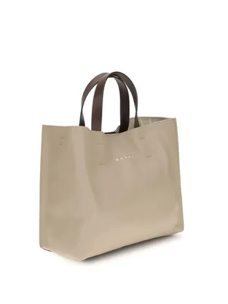 Marni Womens Museo Tote Bag Moon Stone-Dark Burgundy-Coffee Calf Leather Bos Taurus Shoulder Stone/dark Burgundy/coffee