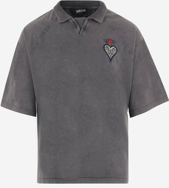 Just Cavalli Homme, Tops, Gris, Taille: XL T-shirt en coton avec broderie de flammes et logo au dos
