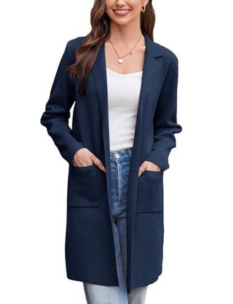 Grace Karin Gilet Long Femme Hiver Chaud Vintage Cardigan Ouvert en Tricot Epaise D&eacute;contract&eacute; Noel Party Bleu Marine -6 XL