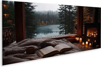 Islandburner Bild auf Leinwand Gemütlicher Herbstabend am See mit Kaminfeuer und Buch für Wohnzimmer Naturfreunde Wellness-Spa Bilder Wandbilder Poster